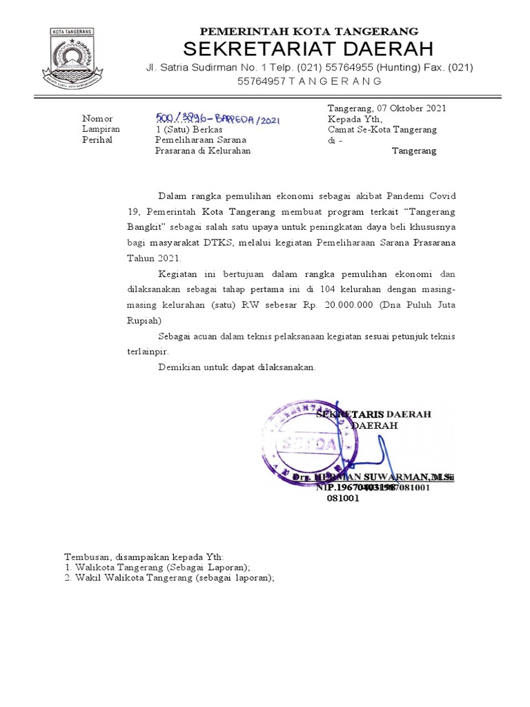 Surat Sekda Pemeliharaan Sarana Prasarana Di Kelurahan | PDF