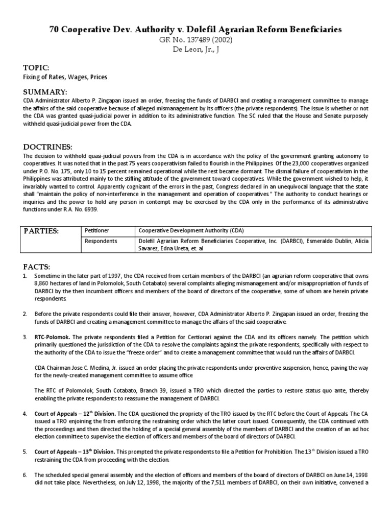Cooperative Dev. Authority v. Dolefil Agrarian Reform Bene Ciaries ...