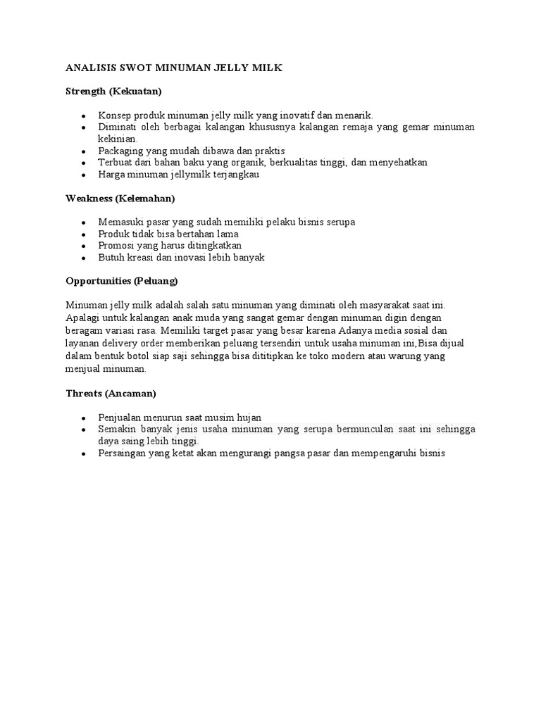 Analisis SWOT Minuman Jelly Milk | PDF