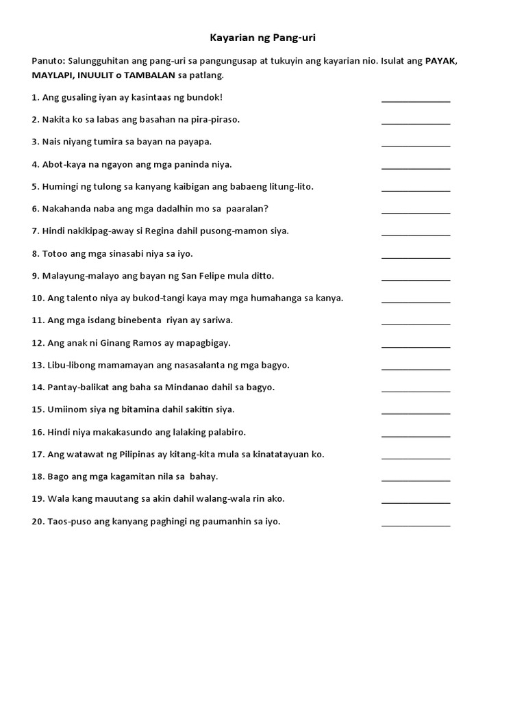 Kayarian NG Pang Uri Worksheets | PDF