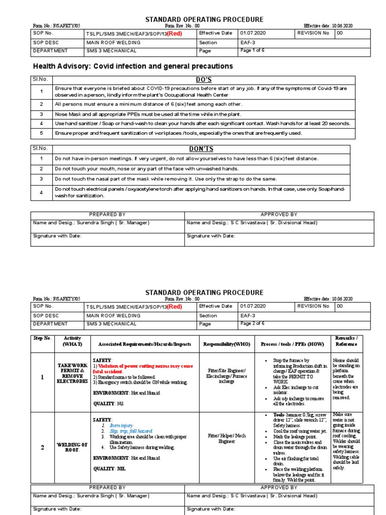 Sop For Main Roof - Welding | PDF | Personal Protective Equipment ...