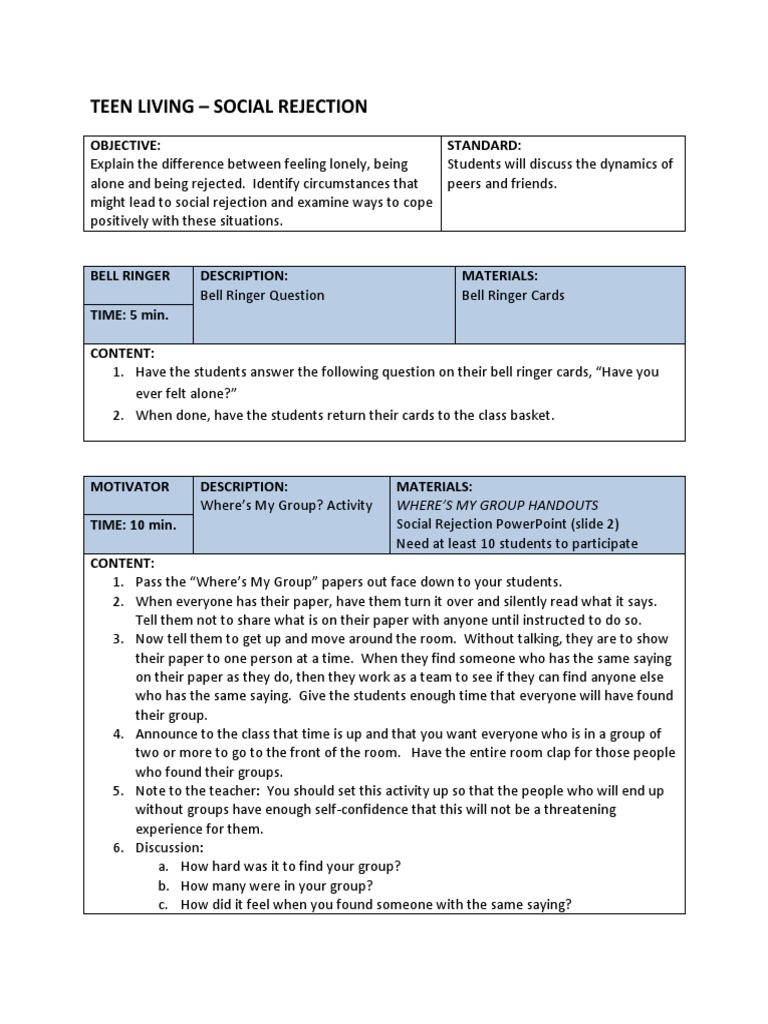 Social Rejection Lesson Plan | PDF Social Rejection Lesson Plan | PDF