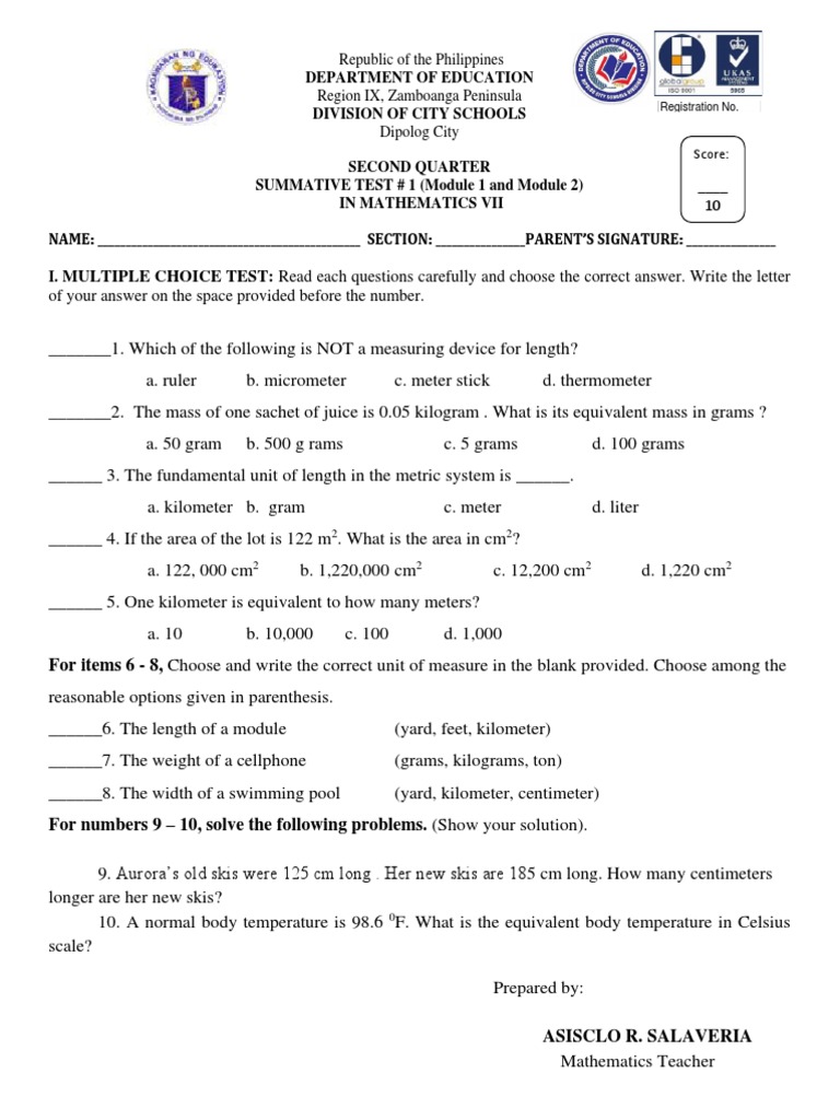 Math VII Summative Test & Performance Task | PDF | Weight | Kilogram