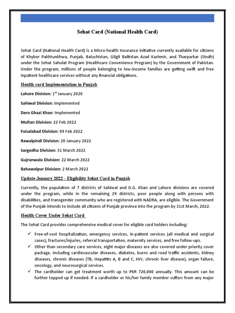 Sehat Card..... | PDF | Hospital | Lahore