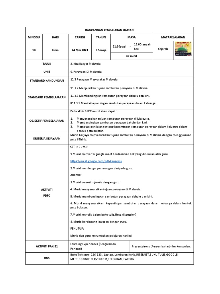 RPH Sejarah Minggu 21 | PDF