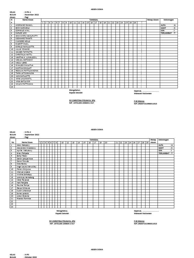 Absen Masuk Dan Pulang Siswa 2022 | PDF