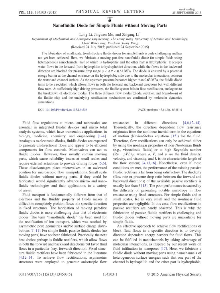 PRL Nanofluidic Diode For Simple Fluids Without Moving Parts | PDF ...