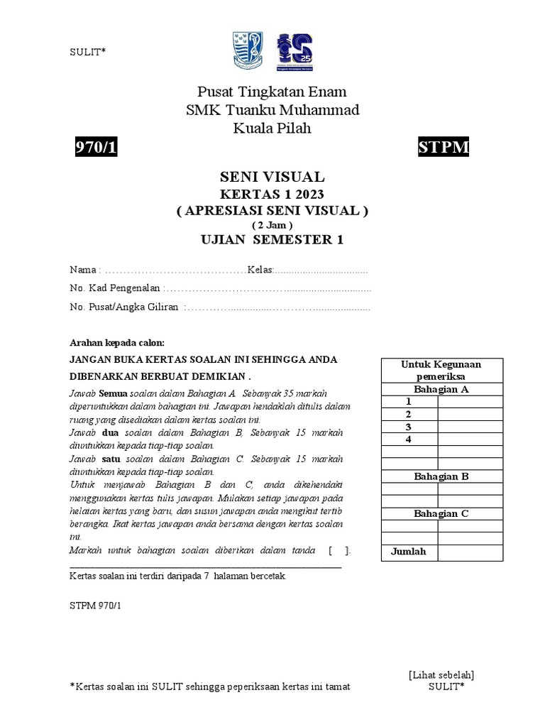Ketas Soalan Seni Visual Sem 1 | PDF