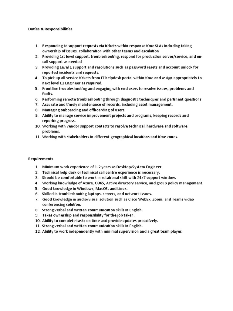 Level 1 IT Support Job Description | PDF