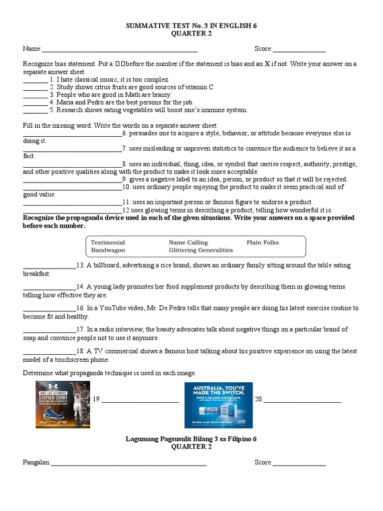 SUMMATIVE TEST No.3 IN ENGLISH 6, Filipino, EsP | PDF | Tagalog Language