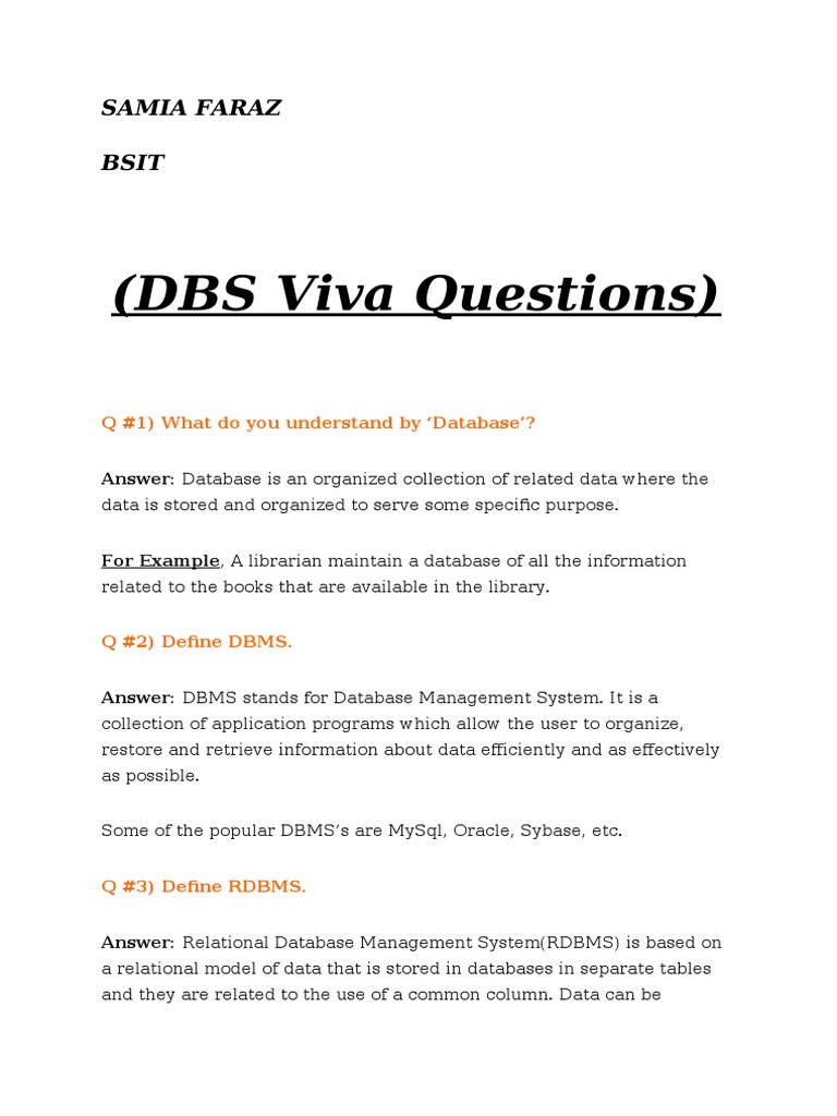DBS Viva | PDF | Relational Database | Databases