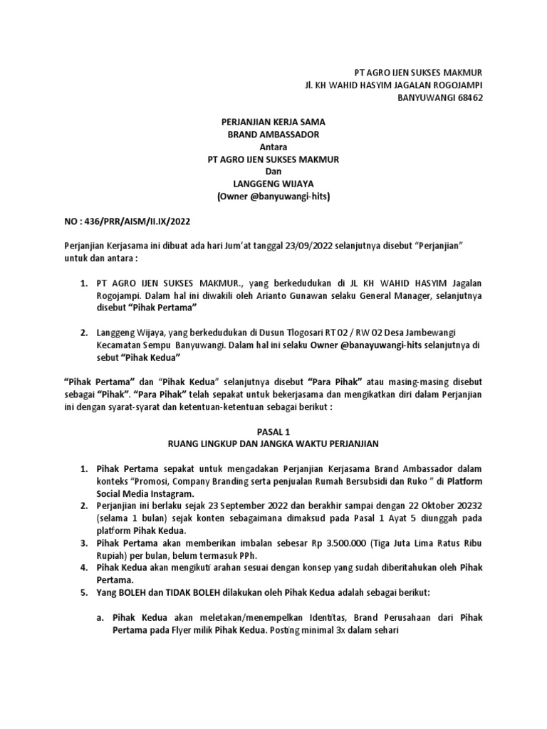 Draft MoU Brand Ambassador | PDF | Bisnis | Hukum