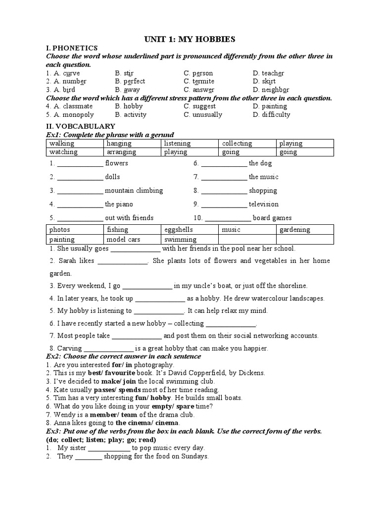 UNIT 1 My Hobbies Grade 7 | PDF