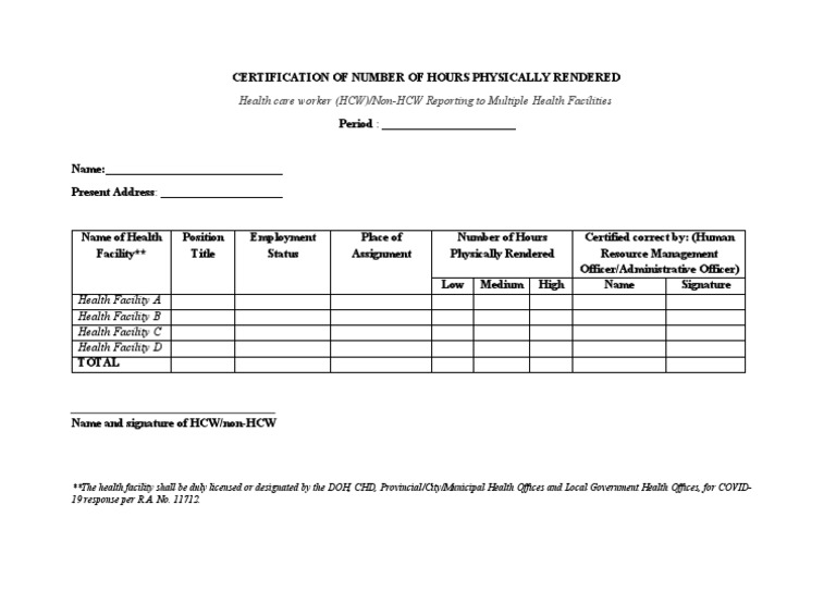 Certification of Number of Hours Physically Rendered 1 | PDF