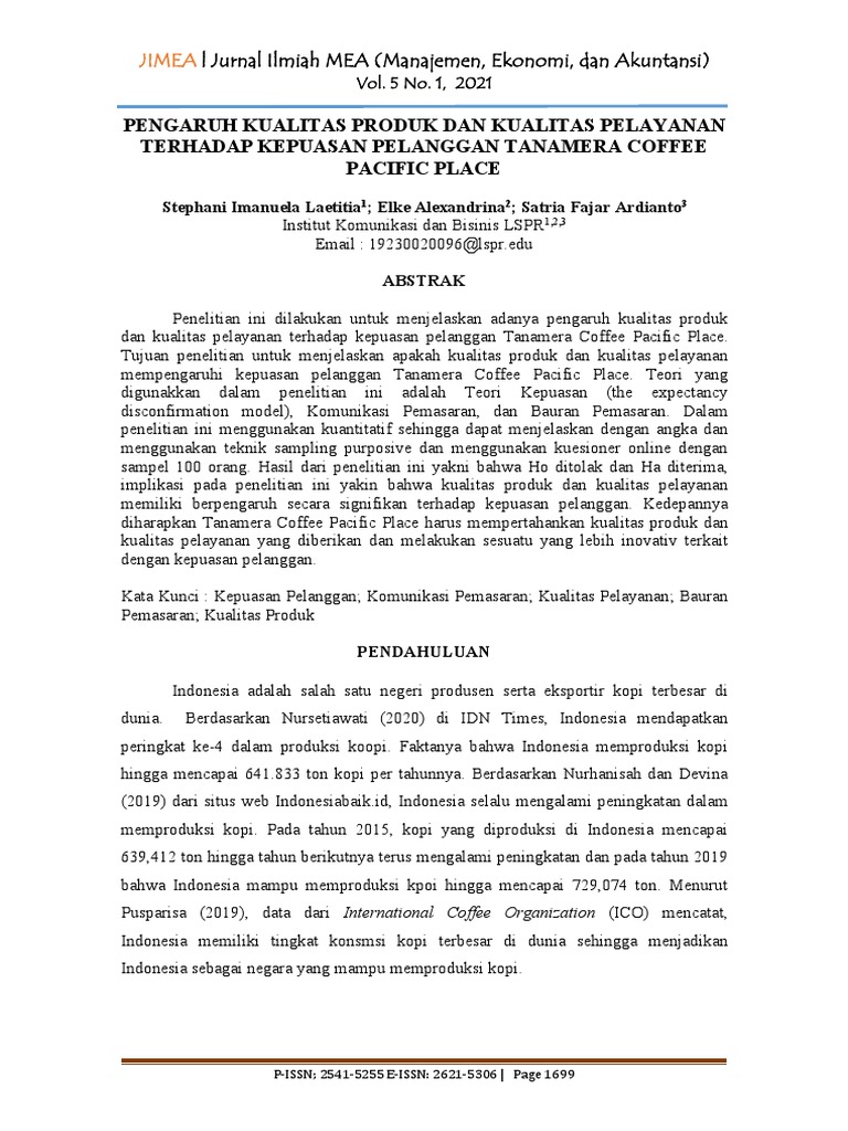 Pengaruh Kualitas Produk Dan Kualitas Pelayananterhadap Kepuasan Pelanggan Tanameracoffeepacific ...