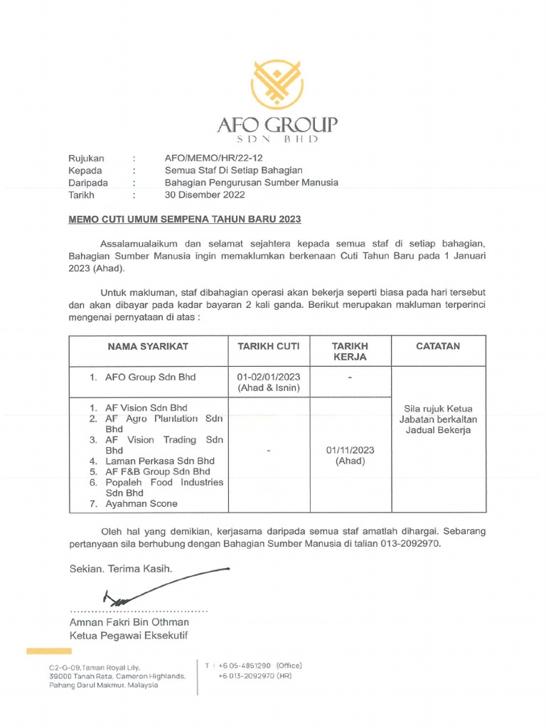 Memo Cuti Umum Sempena Tahun Baru 2023 | PDF