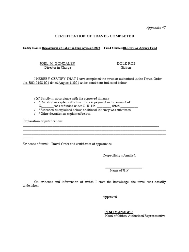 Certificate of Travel Completed | PDF