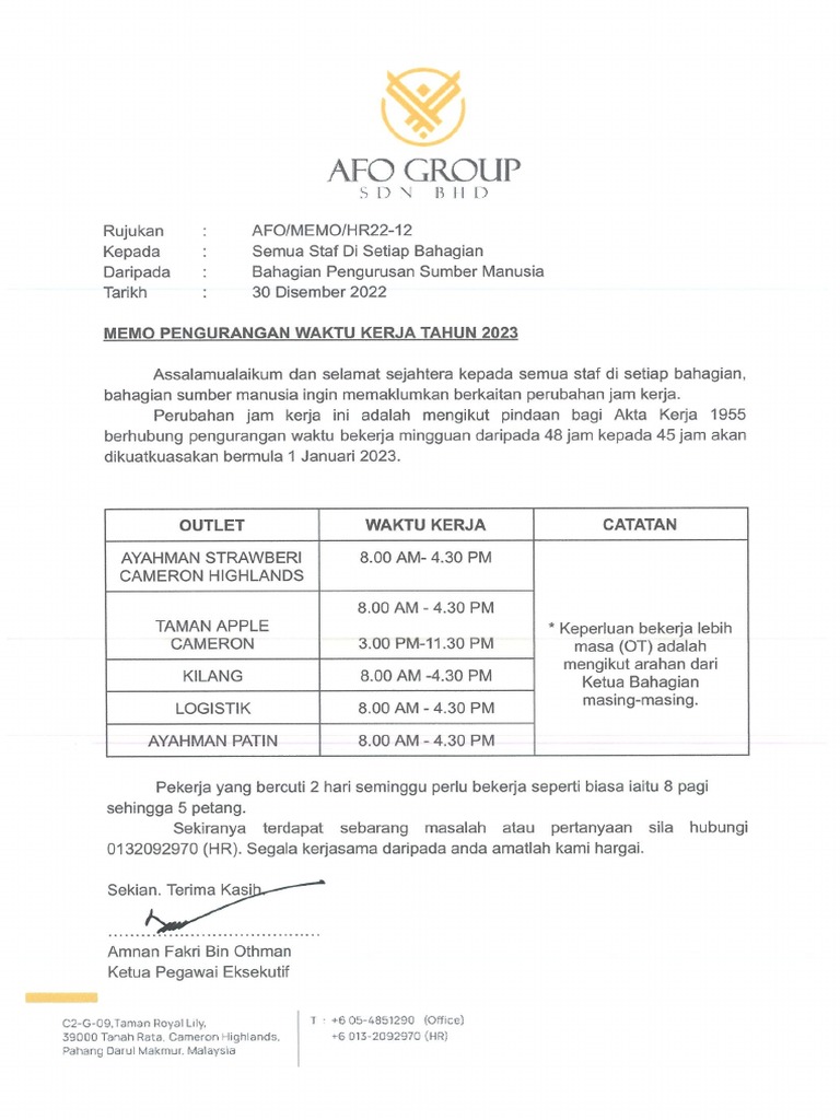 Memo Pengurangan Waktu Kerja Bagi Tahun 2023 | PDF
