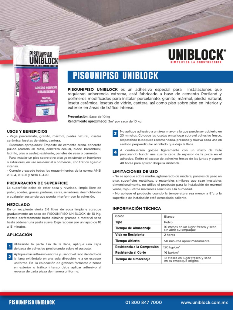 Adhesivo Unipiso Uniblock 10 kg | PDF | Hormigón | Cemento