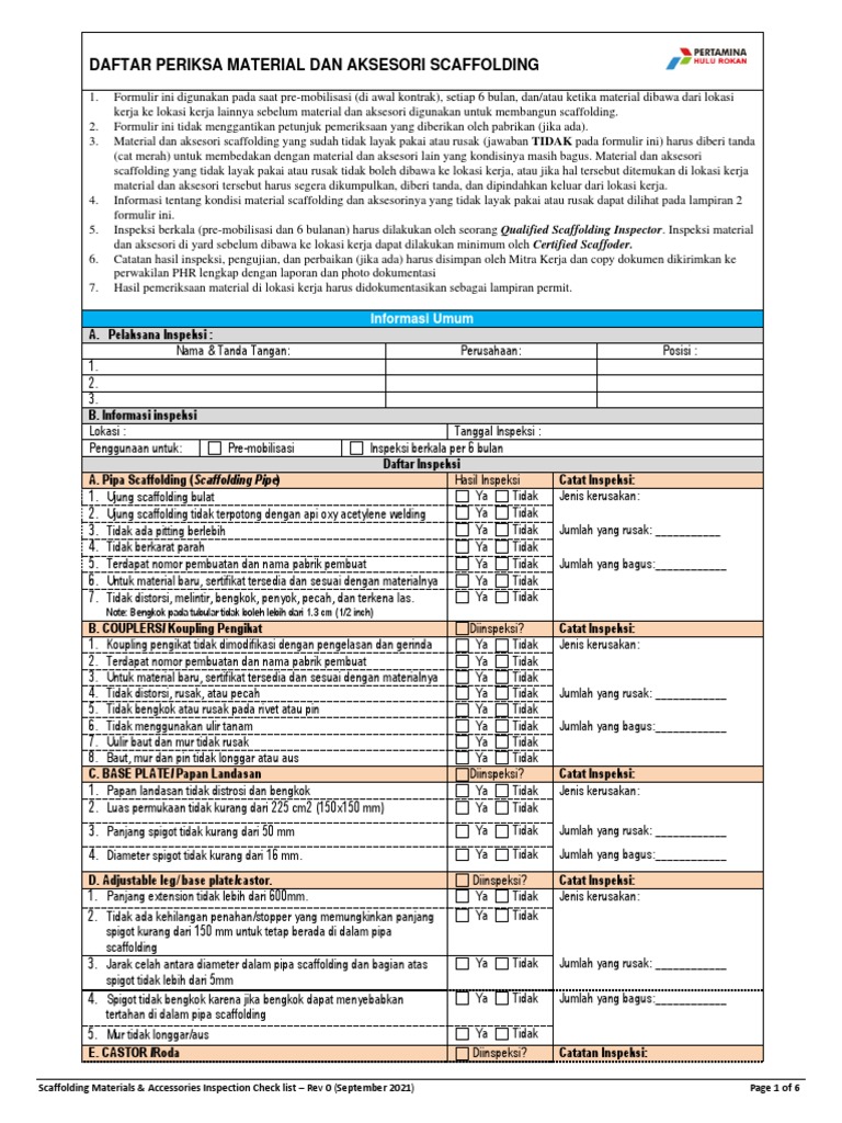 SWP Periodik Inspeksi Scaffolding Material Dan Aksesori | PDF