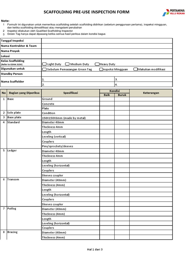 SWP Scaffolding Pre-Use and Weekly Inspection Form | PDF