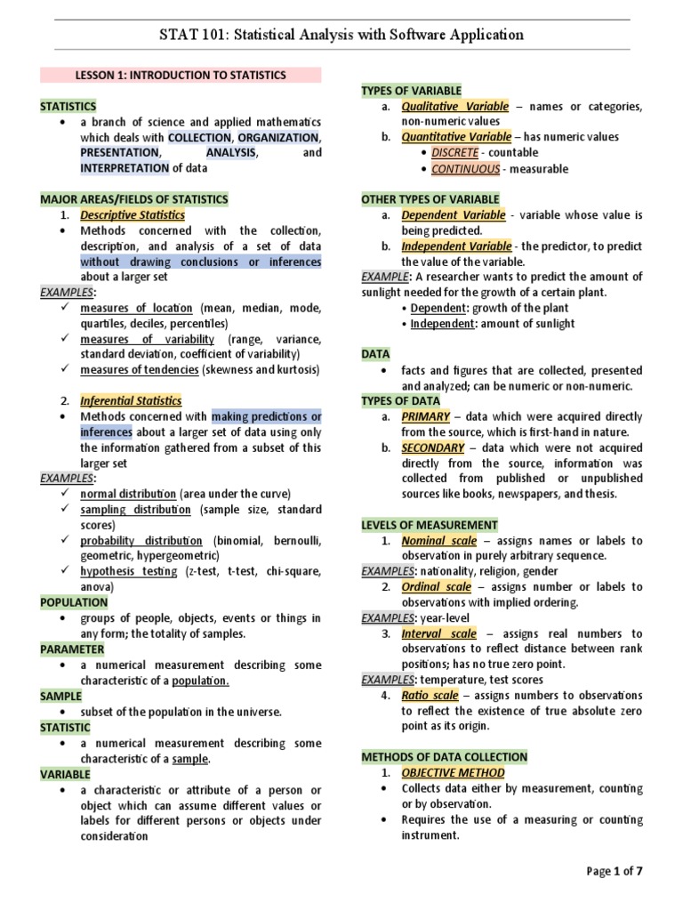 Stat 101 (Reviewer) | PDF | Statistics | Level Of Measurement