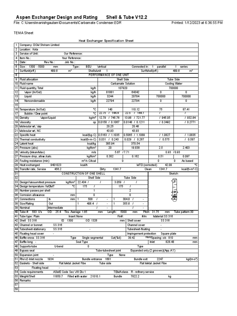 TEMA Data Sheet for Carbamate Exchanger | PDF