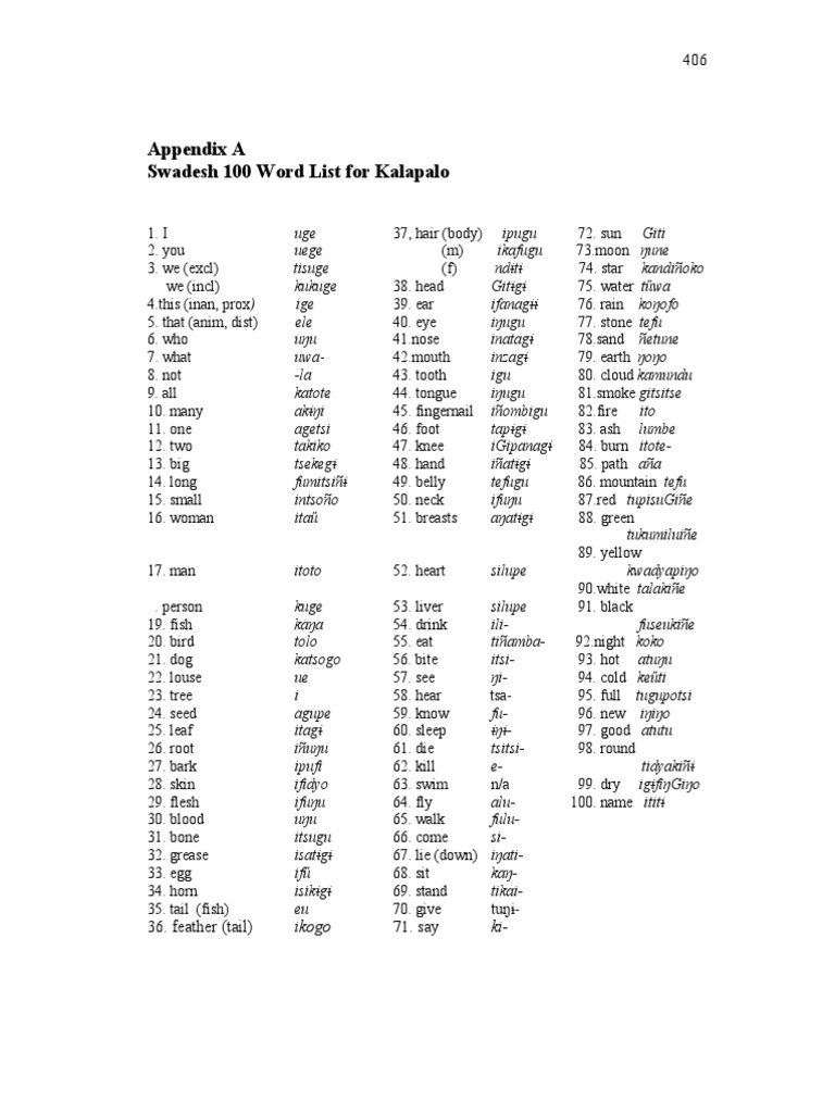 21-Appendix - A - Swadesh - 100 - Word - List - For - Kalapalo-New | PDF