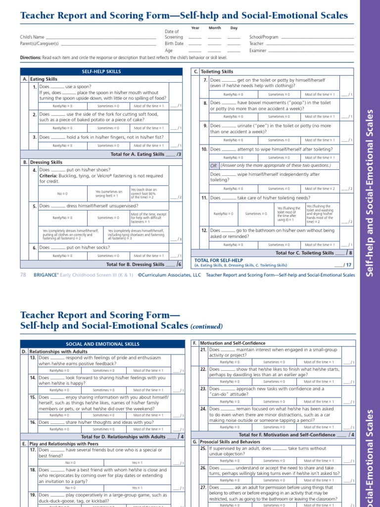 BRIGANCE K Screen III Self-Help Social-Emotional Scales-Teacher | PDF ...