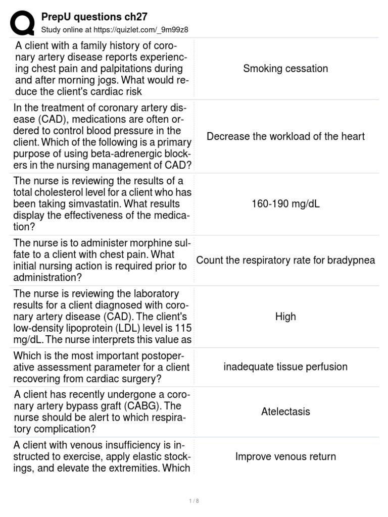 PrepU Questions ch27 | PDF | Percutaneous Coronary Intervention | Myocardial Infarction