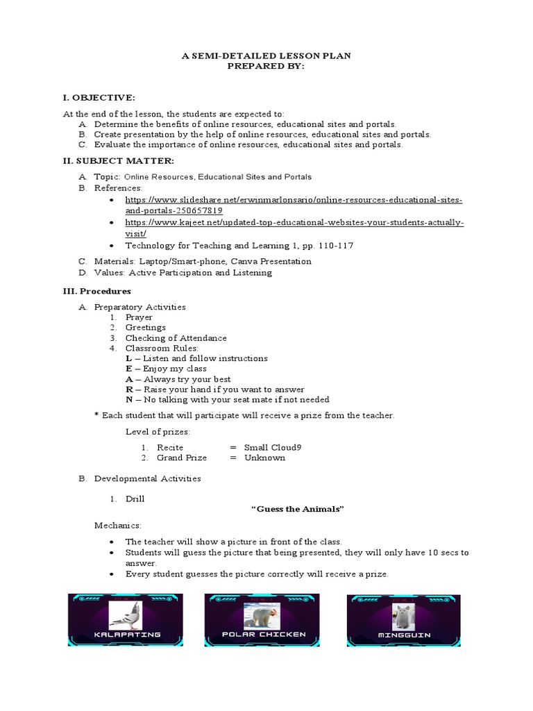 Online Resources, Educational Sites and Portals 4A Lesson Plan | PDF ...