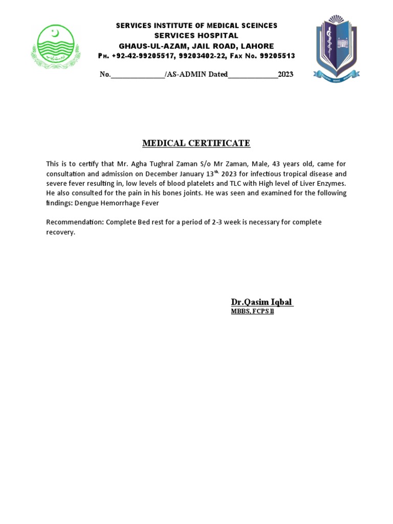 Medical Certificate for Dengue Fever | PDF