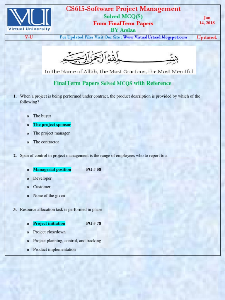 CS615-FinalTerm MCQs With Reference Solved by Arslan | PDF | Project Management | Business