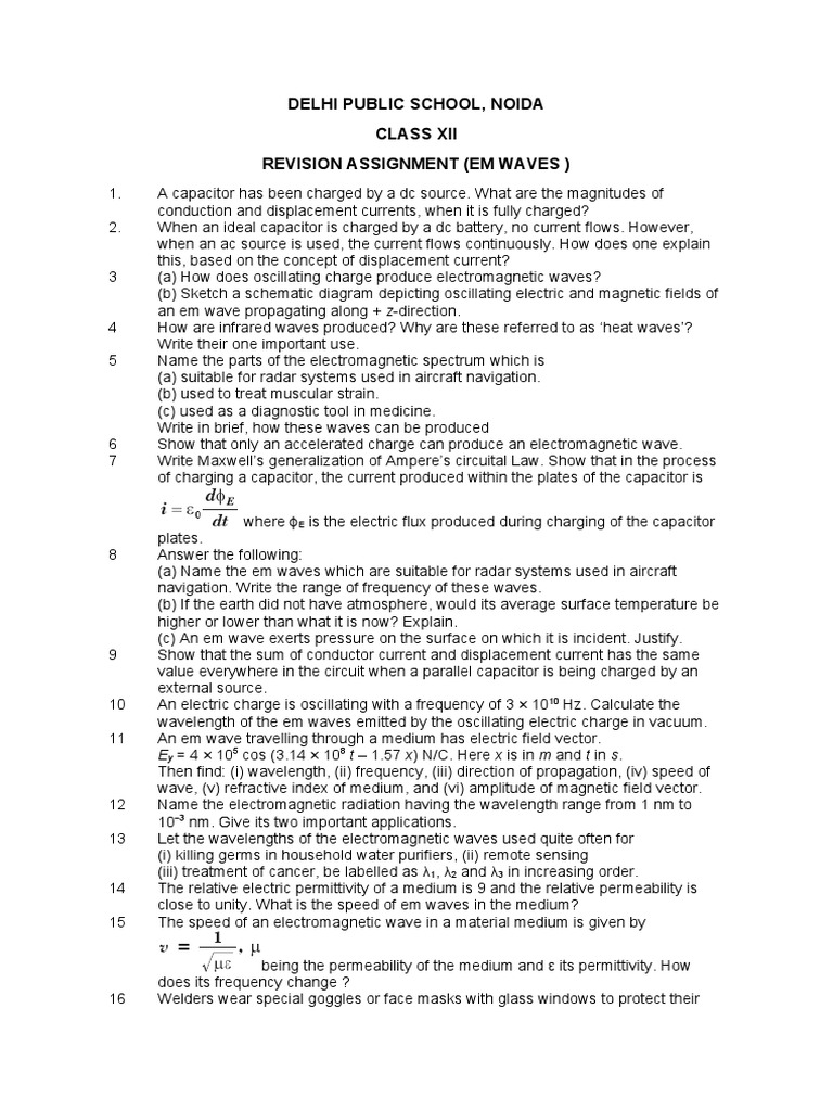 EM Waves Revision Assignment | PDF | Electromagnetic Radiation | Waves