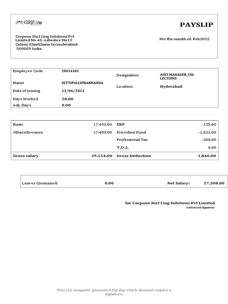 Feb 2022 Salary Slip - Corpone Staffing | PDF