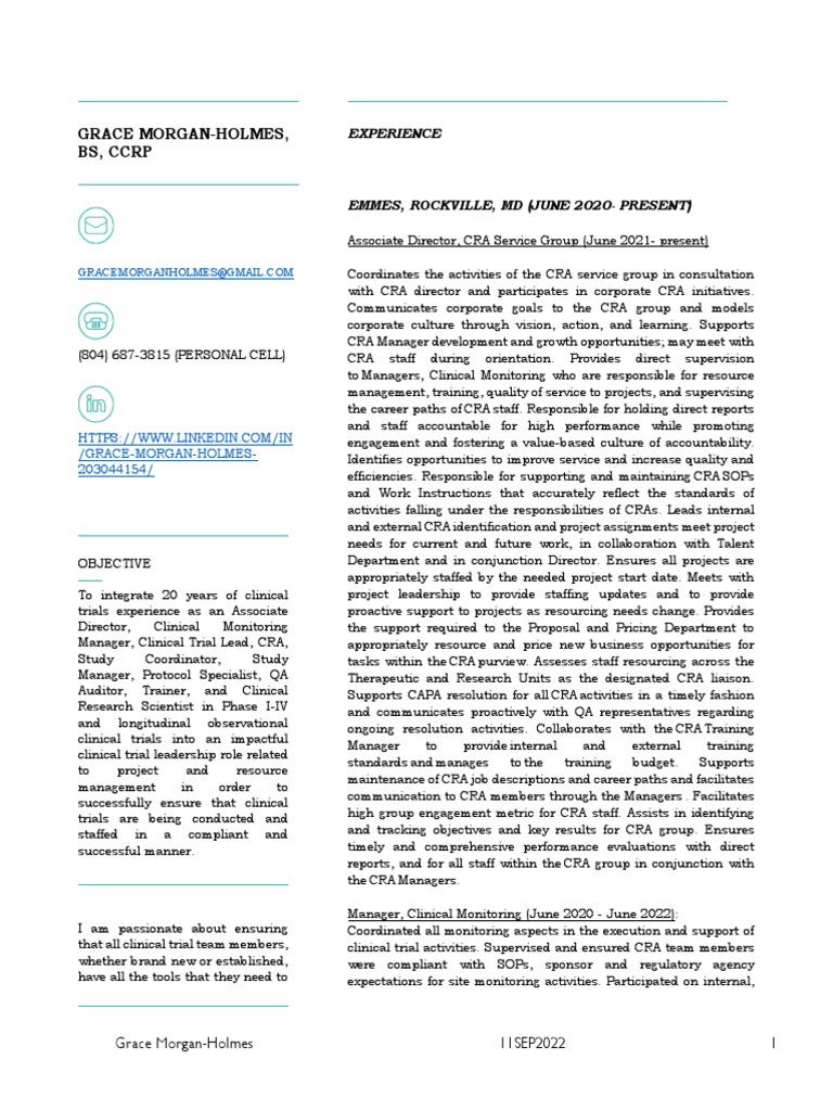 Grace Morgan-Holmes: Clinical Trials Leader | PDF | Clinical Trial ...