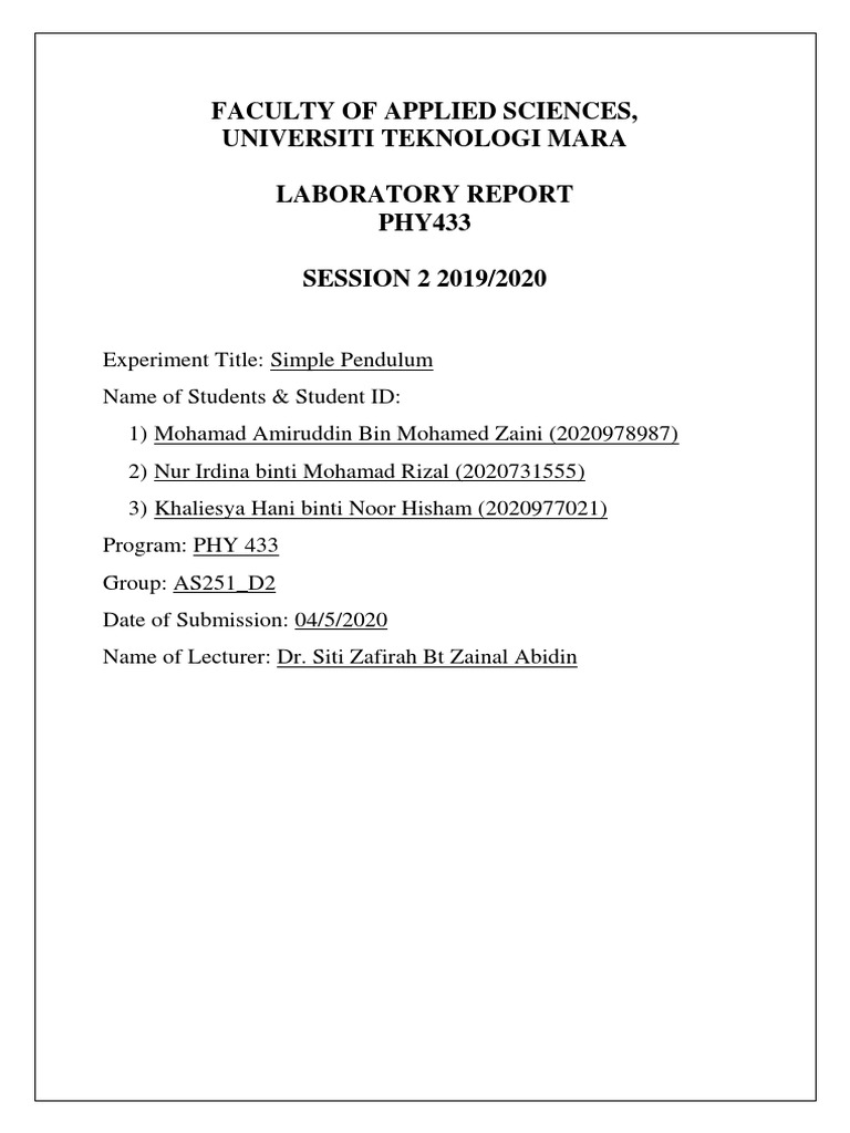 Lab Report Experiment 2 Phy 433 1 1 PDF | PDF | Pendulum | Oscillation