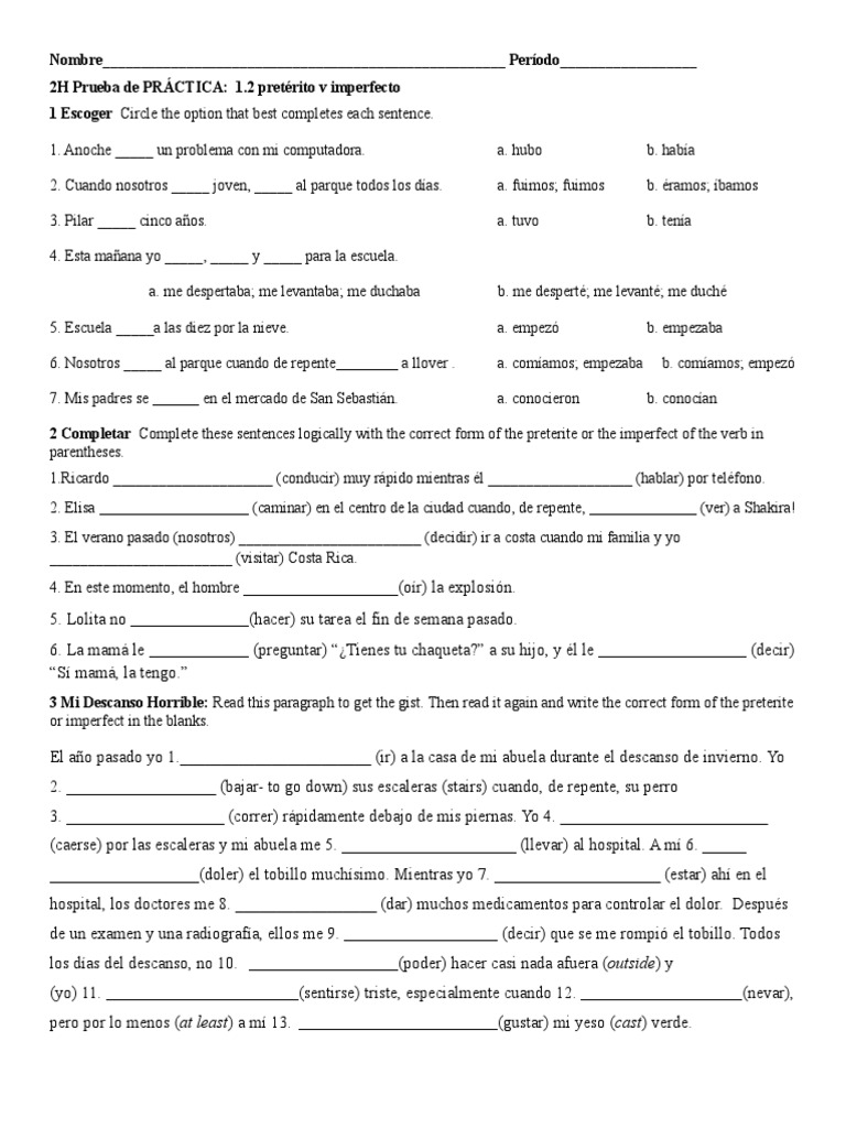 Prueba Pretérito Vs Imperfecto Pdf