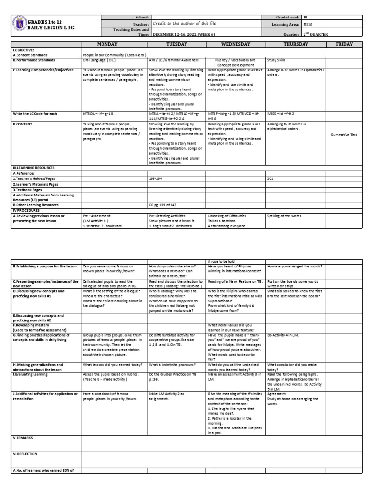 DLL - MTB 3 - Q2 - W6 | PDF