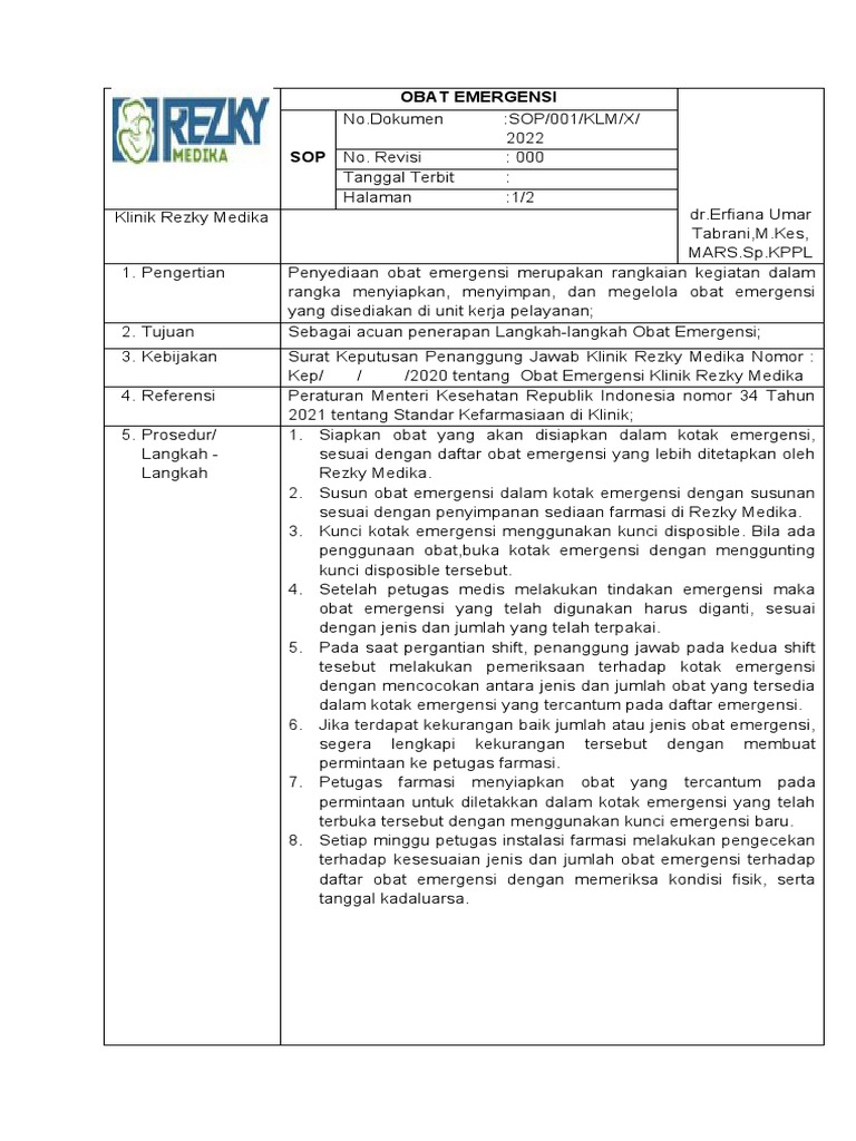 Prosedur Obat Emergensi Klinik Rezky | PDF