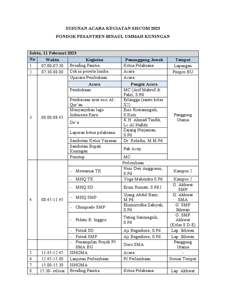 Susunan Acara Kegiatan Siscom 2023 | PDF