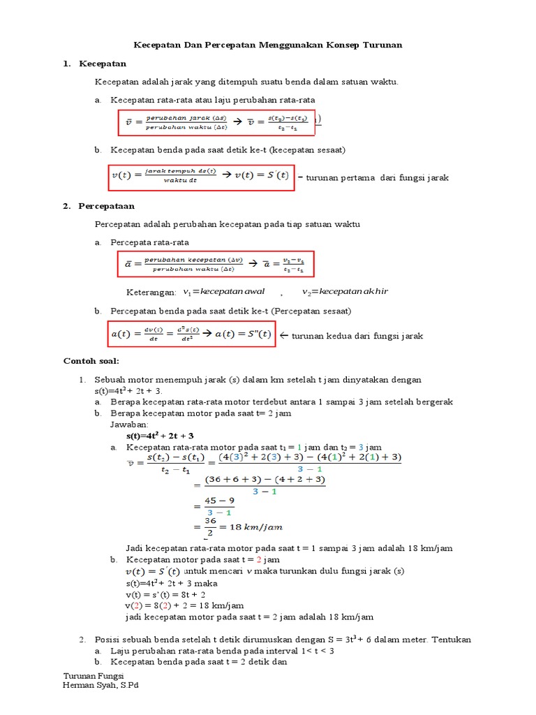 KECEPATAN DAN PERCEPATAN MENGGUNAKAN KONSEP TURUNAN | PDF