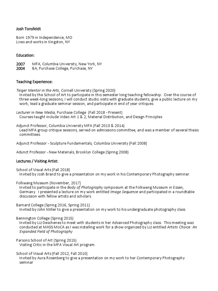 Josh Tonsfeldt Teaching CV | PDF | The Arts