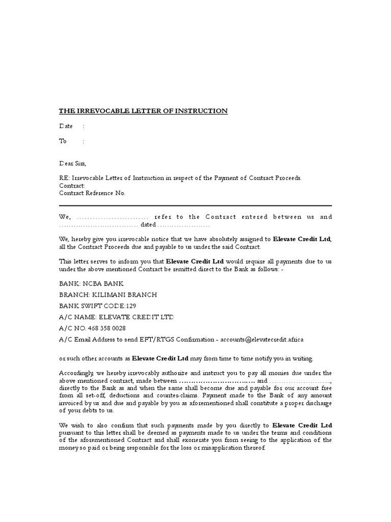 Ecl Irrevocable Letter of Instruction | PDF | Payments | Business