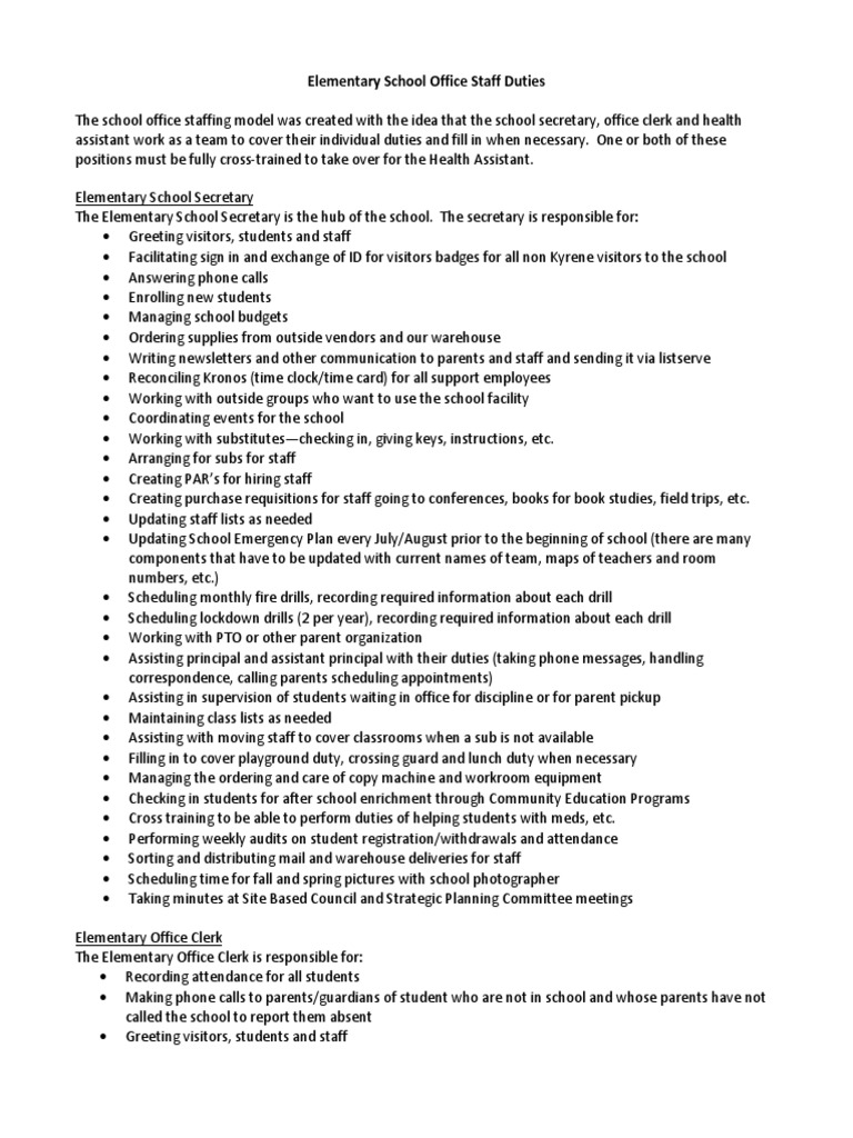 Elem School Office Staff Duties | PDF | Public Services | Health Sciences
