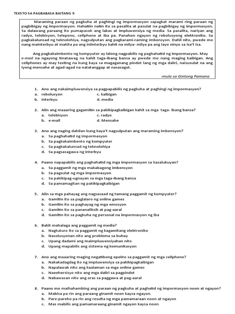 Babasahin Sa Filipino 9 | PDF