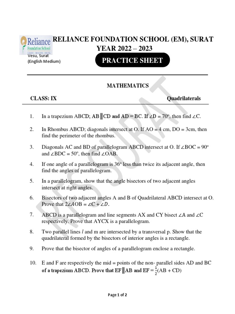 Practice Sheet IX Quadrilaterals | PDF | Elementary Geometry | Elementary Mathematics