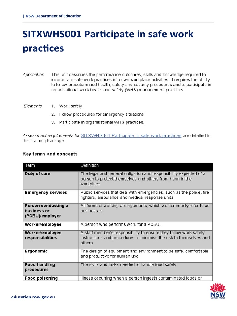 SITXWHS001 Participate in Safe Work Practices Student | PDF ...