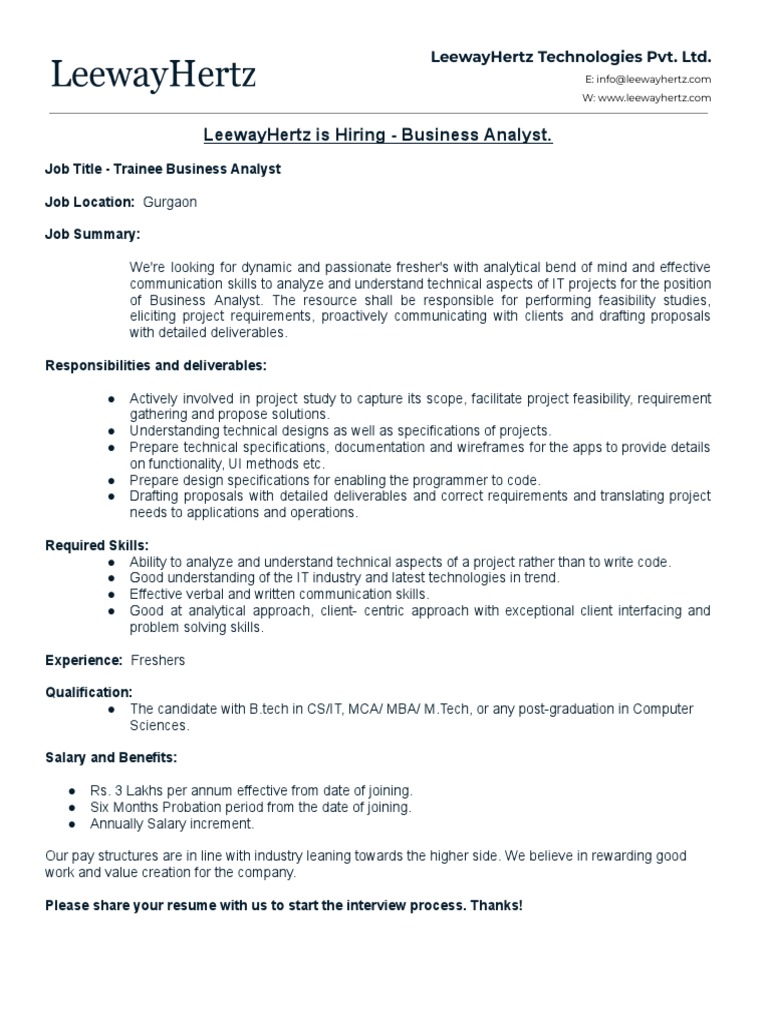 JD For Trainee Business Analyst | PDF | Computing | Business