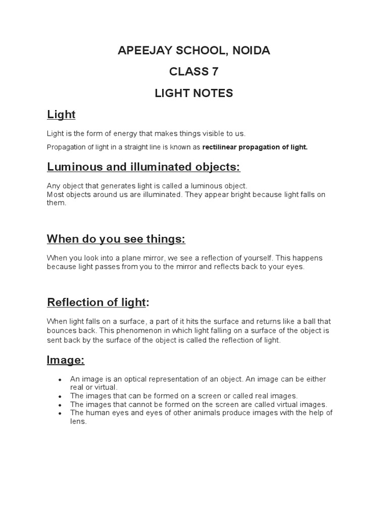 Class 7 Light Notes Pdf Mirror Equipment